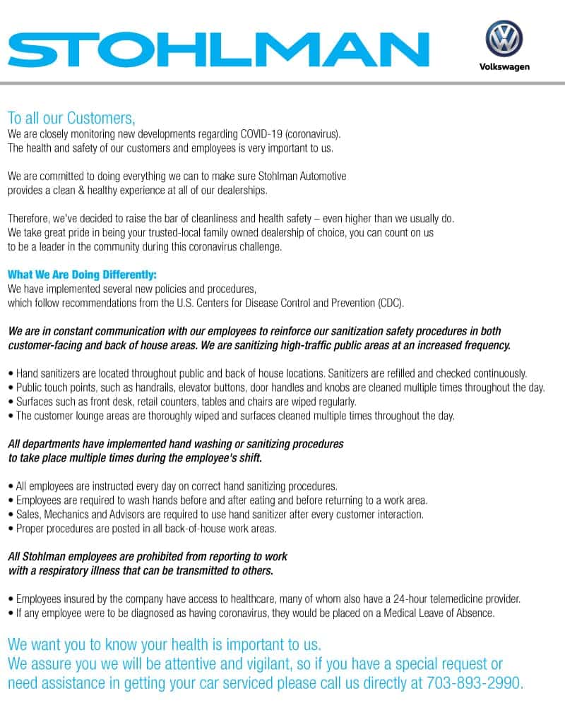 Health & Wellness Statement | Tysons VA | Stohlman Volkswagen